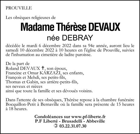 Avis de décès de Thérèse DEVAUX Pompes Funèbres Liberté Brusadelli