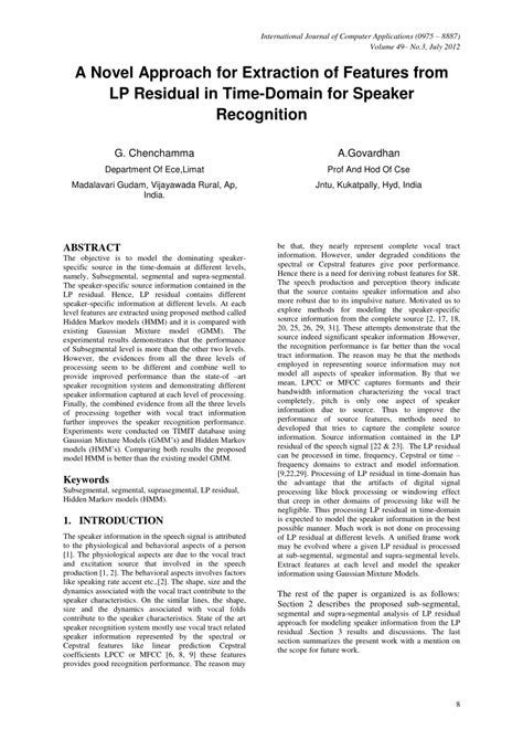 pdf a novel approach for extraction of features from lp residual in time domain for speaker
