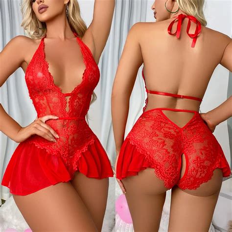 Open Crotch Lingerie Women Lace Transparent Pajamas Set Sexy Sleepwear