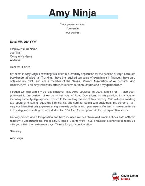 A Working Bookkeeper Cover Letter Example Cover Letter Ninjas