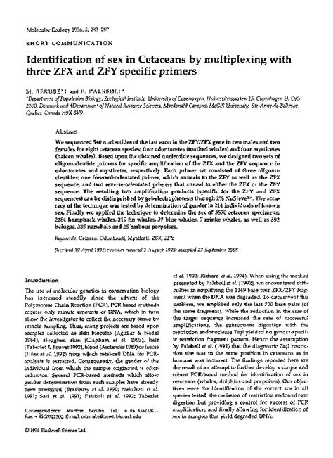 pdf identification of sex in cetaceans by multiplexing with three zfx and zfy specific primers