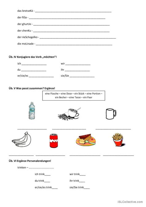 Essen und trinken allgemein Deutsch DAF Arbeitsblätter pdf doc