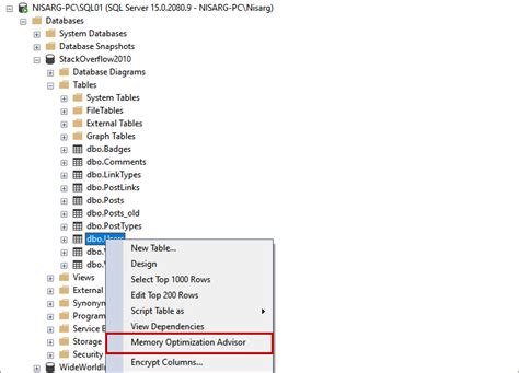 migrating disk based tables to memory optimized tables of a sql database