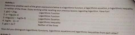 solved activity 1 determine whether each of the given expressions below is a logarithmic