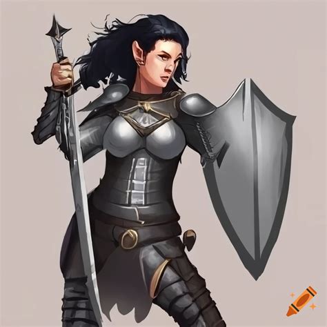 Illustration Of A Fierce Female Half Elf Paladin In Black Armor On Craiyon