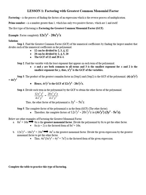 lesson 1 factoring with greatest common monomial factors pdf factorization polynomial