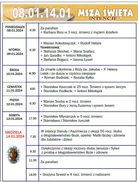 Intencje Mszy św od 08 01 14 01 2024 Parafia Rzyki