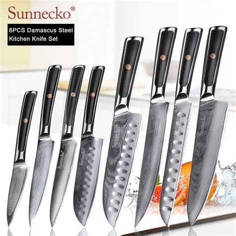 SUNNECKO 2 8pcs Set Damascus Chef Utility Bread Paring Santoku Knife