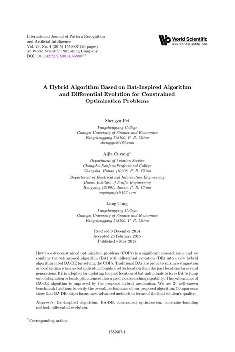 pdf a hybrid algorithm based on bat inspired algorithm and differential evolution for