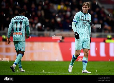 Milan Italy 26 February 2023 Rasmus Hojlund And Ademola Lookman Of