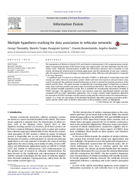 pdf multiple hypothesis tracking for data association in vehicular networks angelos amditis