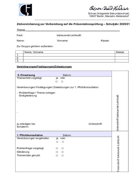 Ausfüllbar Online Zielvereinbarung zur Vorbereitung auf