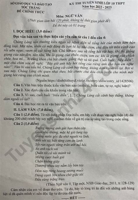 Đáp án đầy đủ đề thi môn Ngữ văn vào lớp 10 tỉnh Sóc Trăng 2022