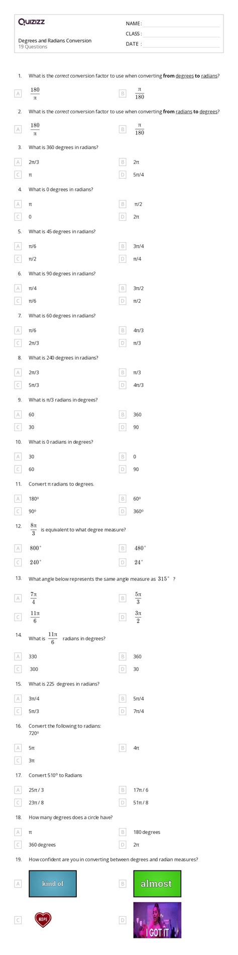 Radians And Degrees Worksheets For Th Grade On Quizizz Free