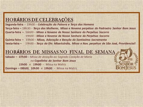 HORÁRIO DAS MISSAS