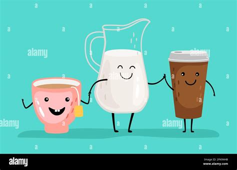 Bebidas de dibujos animados Personajes de leche café y té Desayuno