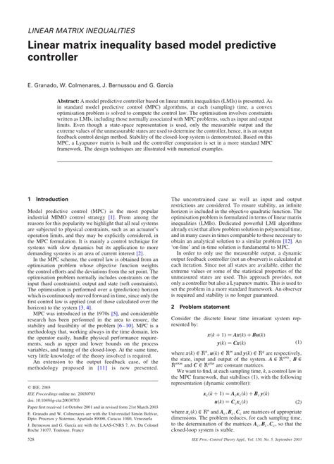 pdf linear matrix inequality based model predictive controller