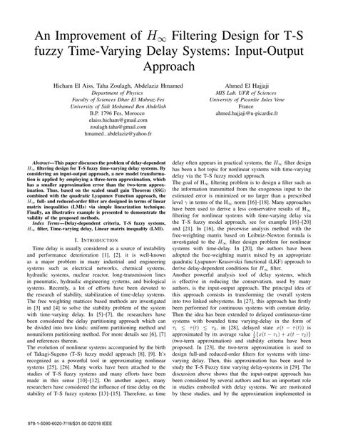 pdf an improvement of h∞filtering design for t s fuzzy time varying delay systems input