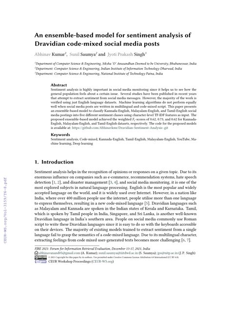 pdf an ensemble based model for sentiment analysis of dravidian code mixed social media posts