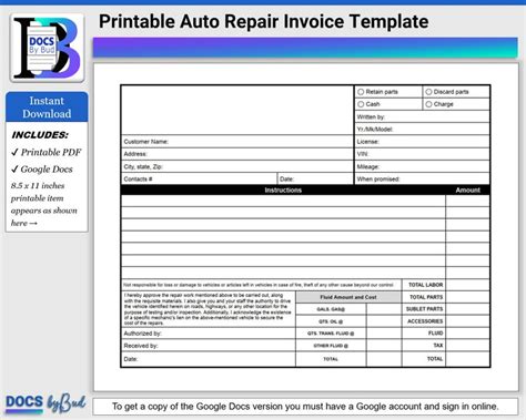 Printable Auto Repair Invoice Template Auto Repair Template