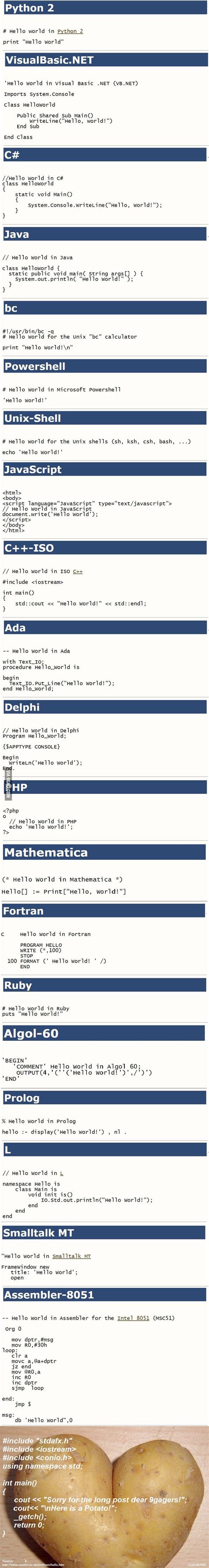 hello world in 20 different programming languages 9gag