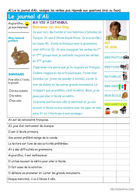 Compréhension écrite compréhension g Français FLE fiches pedagogiques