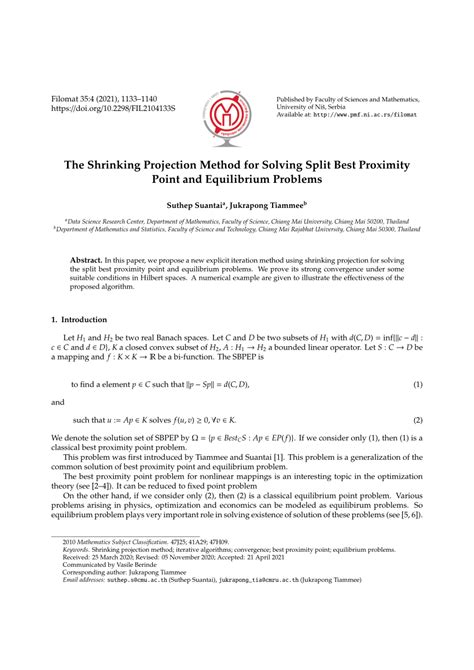 pdf the shrinking projection method for solving split best proximity point and equilibrium