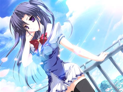 Blue Hair Game Cg Lyrical Lyric Mikeou Purple Eyes Seifuku Takami Rin