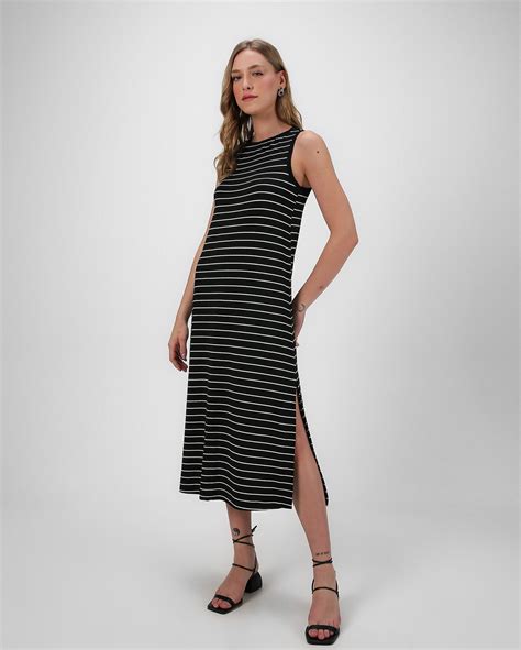 Riachuelo Vestido Midi Reto Listrado Fendas Preto AK By Riachuelo