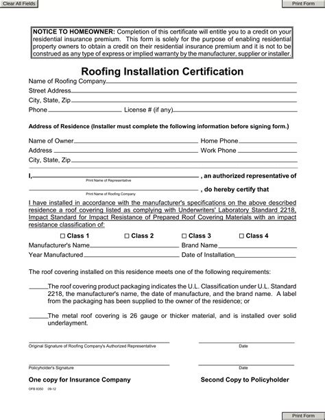 Blank Roofing Installation Certification Form Fill Out And Print Pdfs
