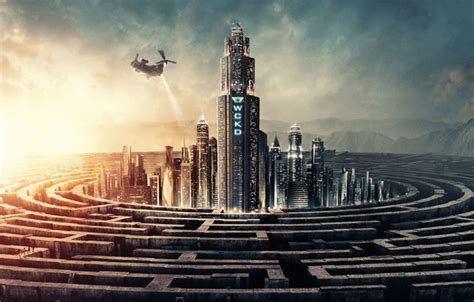 Скачать обои горы фантастика дома небоскребы вертолет лабиринт