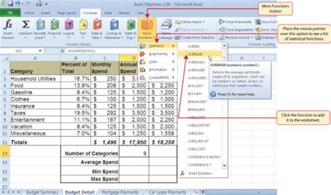 microsoft excel spreadsheet formulas list inside statistical functions — db