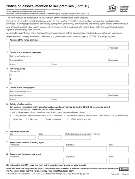 Fillable Online Notice Of Lessors Intention To Sell Premises Form 10