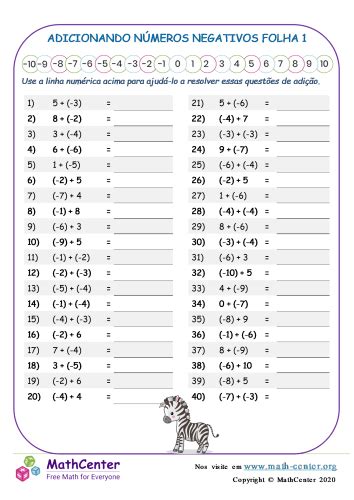 Adicionando N Meros Negativos Folha Planilhas Math Center