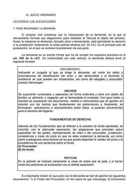 Leccion 06 Apuntes A JUICIO ORDINARIO LECCIÓN 6 LAS ALEGACIONES