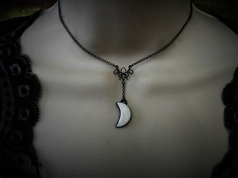 Mother Of Pearl Crescent Moon Necklace Gothic Moon Jewelry Oxidized