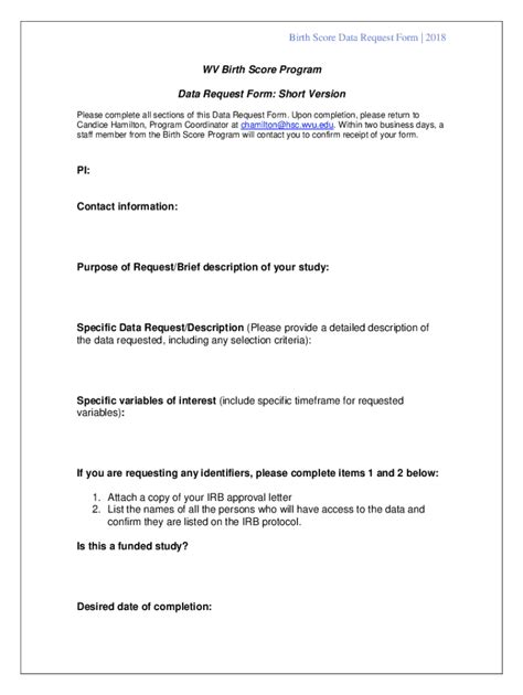 Fillable Online Birth Score Data Request Form Wvdhhr Org Fax Email
