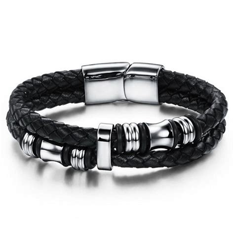 Men S Braided Genuine Leather Stainless Steel Cuff Bangle Bracelet