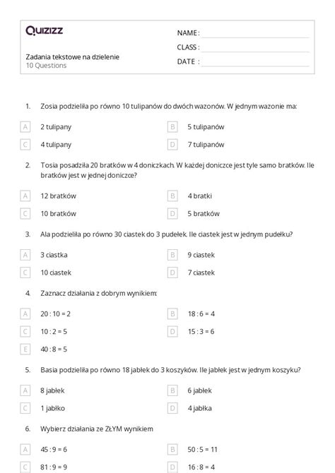 Ponad 50 Zadania Tekstowe Na Dzielenie Arkuszy Roboczych Dla Klasa 2 W