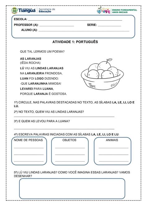 5 Atividades de Português para 1 ano SÓ ESCOLA