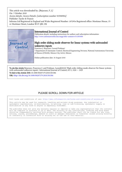 pdf high order sliding mode observer for linear systems with unbounded unknown inputs
