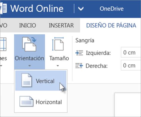 Rotar una página a orientación horizontal o vertical en Word Web App Word