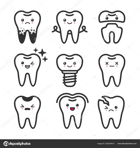 Cute Teeth Outline Vector Set With Different Emotions Different Tooth