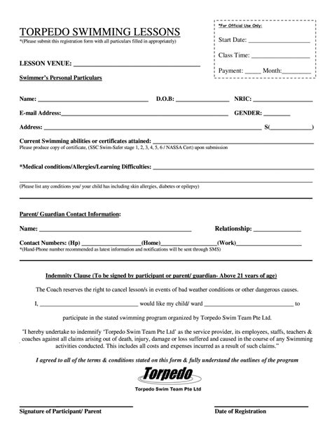 2011 SG Torpedo Swimming Lesson Registration Form Fill Online