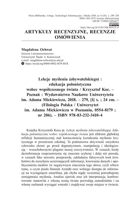 PDF Lekcje myślenia obywatelskiego edukacja polonistyczna wobec