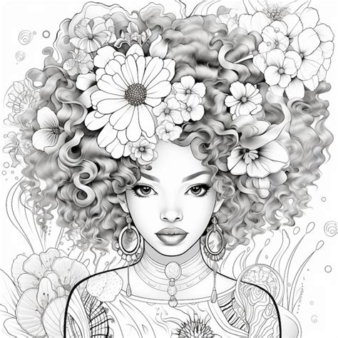 Um Desenho Em Preto E Branco De Uma Mulher Flores No Cabelo