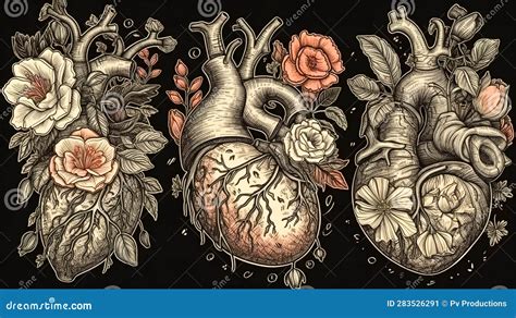 Anatomical Hearts With Flowers Card Design Generative AI Stock
