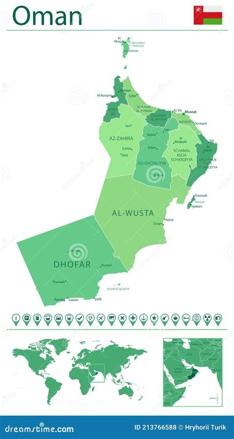 Oman Detailed Map And Flag Oman On World Map Vector Illustration