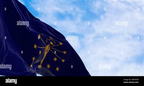 Close Up Of Indiana State Flag Waving In The Wind On A Clear Day