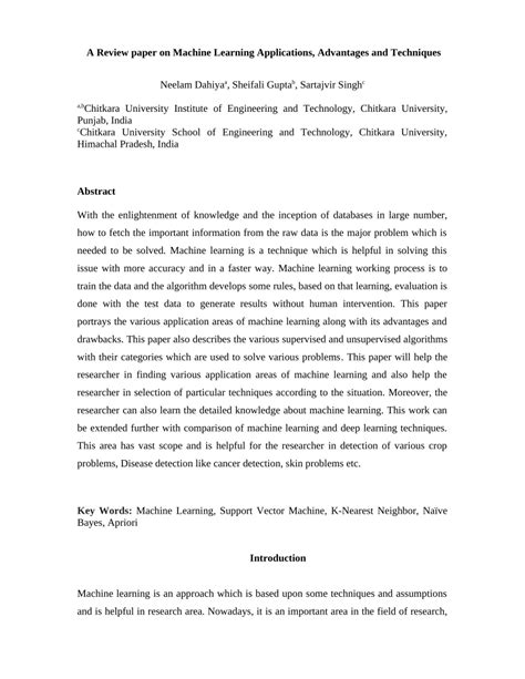 pdf a review paper on machine learning applications advantages and techniques